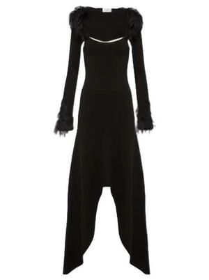 Attico Feather-trimmed Jersey Midi Dress - Black