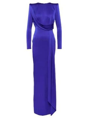 Alex Perry Draped Satin Gown With Long Sleeves And Back Slit - Blue
