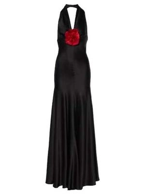 RODARTE Floral Appliqué Satin Halter Maxi Dress - Black