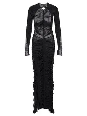 MUGLER Long Sleeve Pleated Mesh Maxi Dress - Black