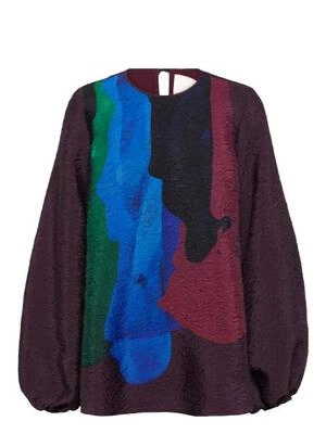 ROKSANDA Roksanda Abstract Print Pleated Silk Blouse With Puffy Sleeves Black