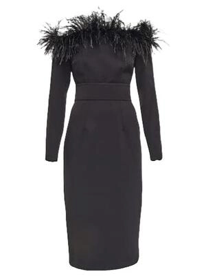 SAFIYAA LONDON Feather-trimmed Midi Dress - Black