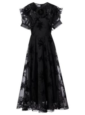 RODARTE Ruffled Floral Organza Midi Dress - Black