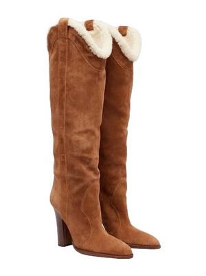 Paris Texas Suede Over-the-knee Boots With Shearling Lining And 100mm Heels - Brown
