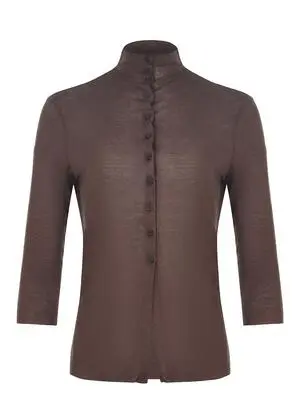 ALYSI Long Sleeve Semi-sheer High Collar Knit Top - Brown