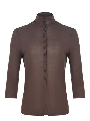 ALYSI Long Sleeve Semi-sheer High Collar Knit Top - Brown