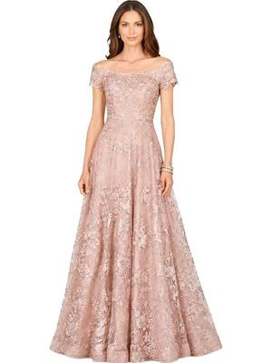 LARA NEW YORK LARA New York Off Shoulder A-Line Gown With Lace Appliqué And Rhinestones Blush