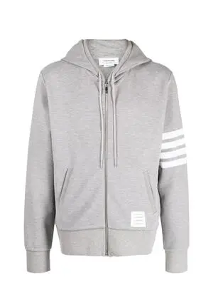 Thom Browne Logo-patch Zip-up Hoodie With Sporty Stripes - Light Gray