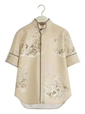 Dior Short-sleeved Stand-up Collar Blouse With Pattern - Nude