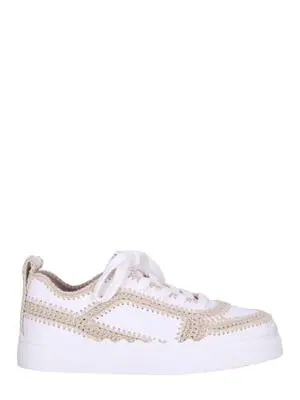 Chloé Lauren Leather Sneakers With Crochet Trim - White