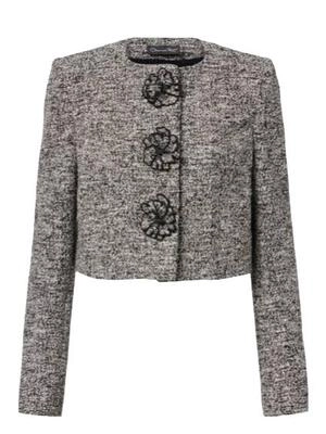 Oscar De La Renta Floral-appliqué Cotton-blend Tweed Cropped Jacket - Gray