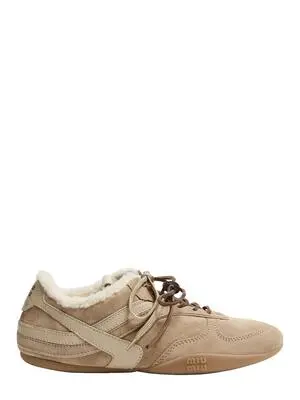 Miu Miu Printed Lettering Suede Sneakers - Beige