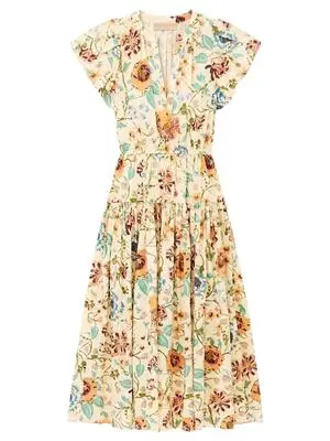 Ulla Johnson Multicolor Floral Print Pleated Midi Dress - Abalone Color