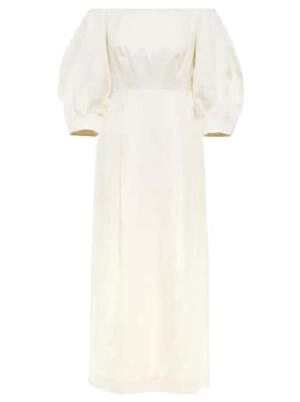 Gabriela Hearst Off-shoulder Linen Midi Dress With Puff Sleeves - White