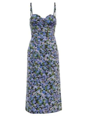 Carolina Herrera Floral Printed Cotton Blend Sweetheart Neckline Midi Dress - Green