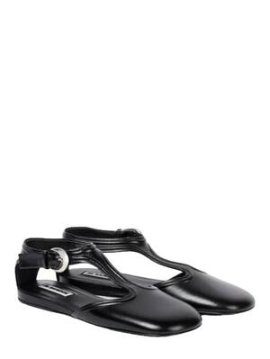 JIL SANDER Leather Mary Jane Flats With T-strap And Silver Buckle - Black