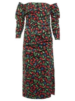 Carolina Herrera Off-shoulder Cherry Print Midi Dress - Black