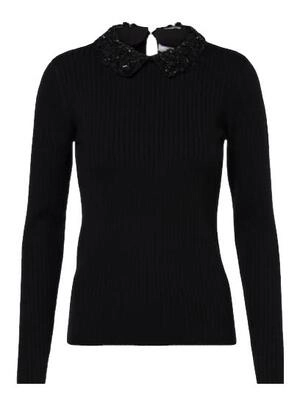 Carolina Herrera Embellished Ribbed-knit Wool Top - Black