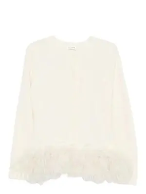 P.a.r.o.s.h Long-sleeved Knitted Cardigan With Back Tie And Feather Trim - Panna