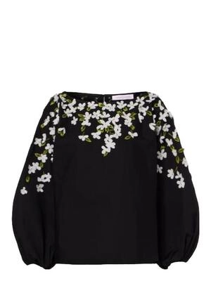 Carolina Herrera Floral Appliqué Cotton-blend Top - Black