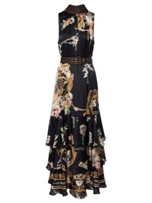 Camilla Belted Floral Tiered Silk Maxi Dress - Black