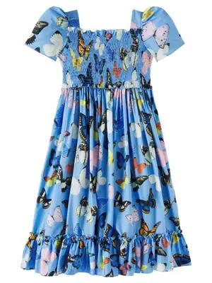 Dolce & Gabbana Printed Shirred Cotton Poplin Dress - Blue