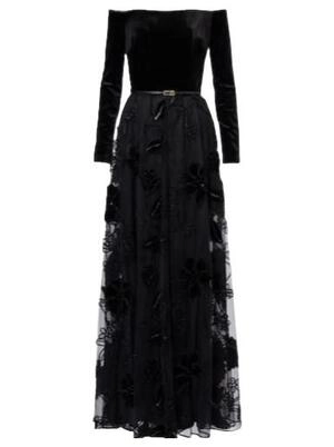 Elie Saab Velvet And Embroidered Tulle Gown - Black
