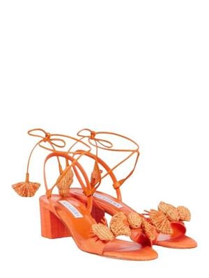 AQUAZZURA Strappy Block Heel Sandals With Shell Appliqués - Red