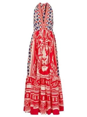 Camilla Halterneck Cotton Poplin Maxi Dress With Tiger Print - Red