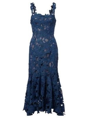 Oscar De La Renta Guipure Lace Floral Embroidered Midi Dress - Blue