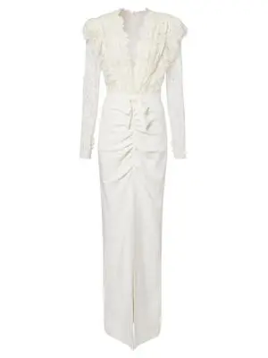 Alessandra Rich Lace Gown With Plunge Neckline And Front Slit - White