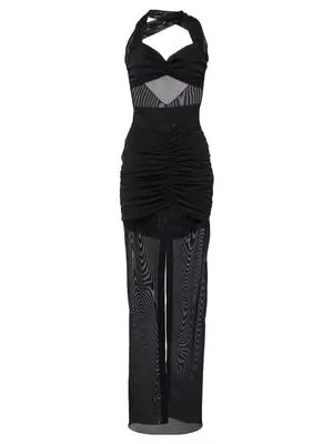 Alessandra Rich Ruched Sheer Mesh Maxi Dress - Black