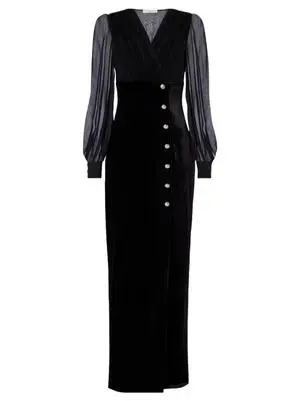 Alessandra Rich Velvet And Georgette Gown With Embellished Buttons - Black