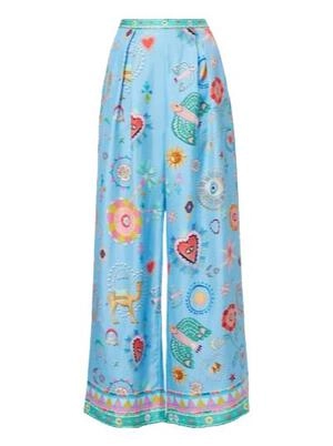 Camilla Embellished Printed Silk Palazzo Pants - Blue