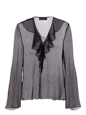 NILI LOTAN Ruffled Front Tie Shirt - Gray