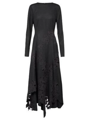 OSCAR DE LA RENTA Oscar De La Renta Peony Asymmetric Wool Midi Dress With Floral Embroidery