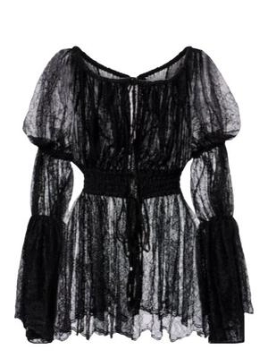 Blumarine Floral Chantilly Lace Top With Front Ties - Black