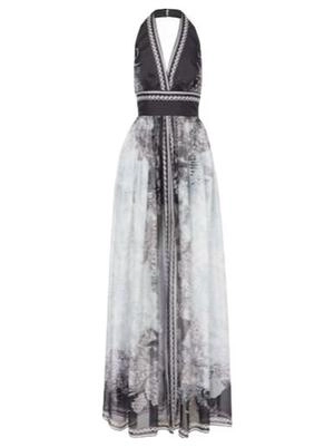Elie Saab Printed Silk Chiffon Maxi Dress - Gray