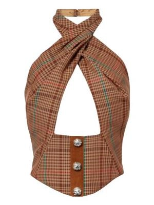 AREA Checked Halterneck Wool-blend Top - Brown
