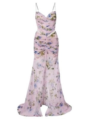 Blumarine Floral Ruched Sheer Gown - Pink