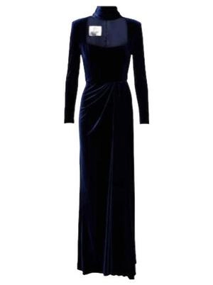Monique Lhuillier Velvet Gown With Belted Waist And Padded Shoulders - Black