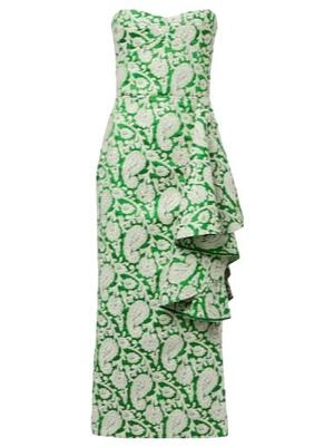 Johanna Ortiz Draped Paisley Sweetheart Neckline Midi Dress - Green
