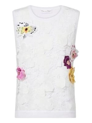 Oscar De La Renta Sleeveless Floral Appliqué Cotton-blend Top - White