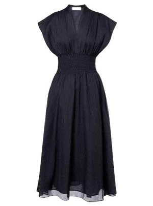 Tory Burch Striped Midi Dress With Smocked Waist - Black