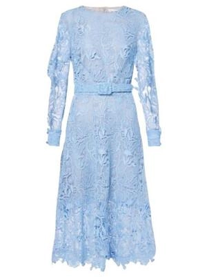 Oscar De La Renta Floral Lace Long Sleeve Midi Dress With Belt - Blue