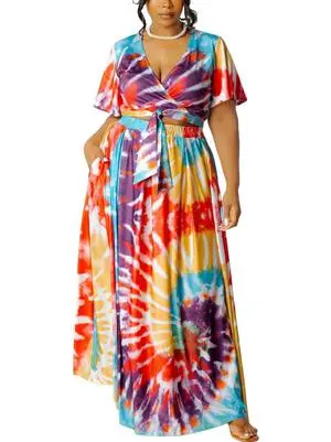 BUXOM COUTURE BUXOM COUTURE Printed Tie-Front Top And Maxi Skirt Set Red Multi