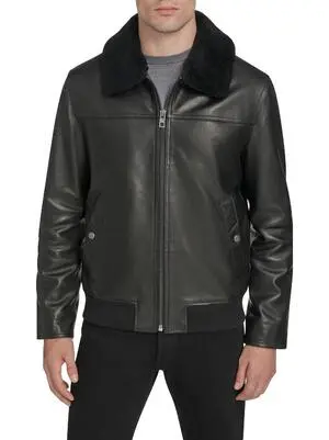 Andrew Marc Leather Aviator Jacket With Removable Shearling Collar - Black