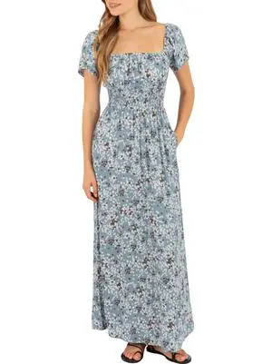 Hurley Floral Maxi Dress With Smocked Waist - Sailing