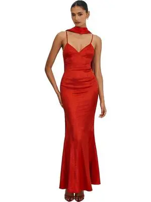 MISS CIRCLE NEW YORK Kelsey Croc-embossed Flared Hem Maxi Dress With Scarf - Scarlet