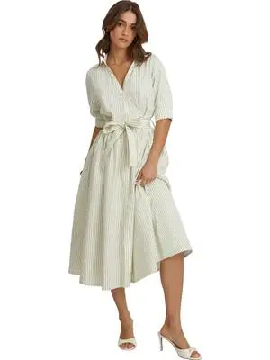 MISS CIRCLE NEW YORK Striped Poplin Midi Shirt Dress - Green